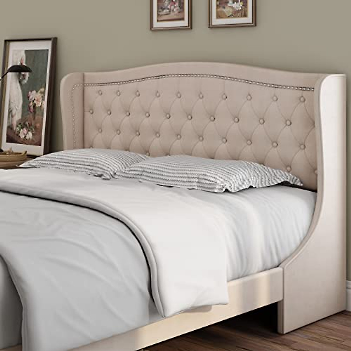 HOSTACK King Size Bed Frame, Modern Upholstered Platform Bed with Wingback Headboard, Heavy Duty Button Tufted Bed Frame with Wood Slat Support, Easy Assembly, No Box Spring Needed(Beige, King)