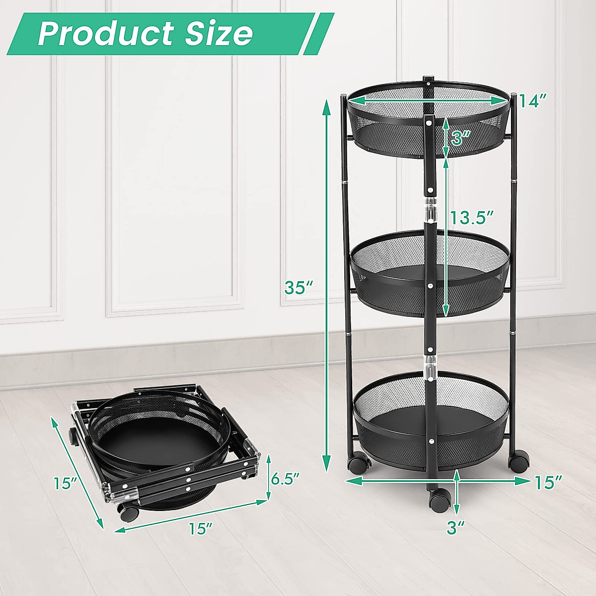 Giantex 3-Tier Fruit Vegetable Basket with Rollers - 35" Tall No Assembly Required Metal Wire Storage Organizer Trolley Cart, Tool-Free Assembly One-Second Folding Utility Cart with Wheels