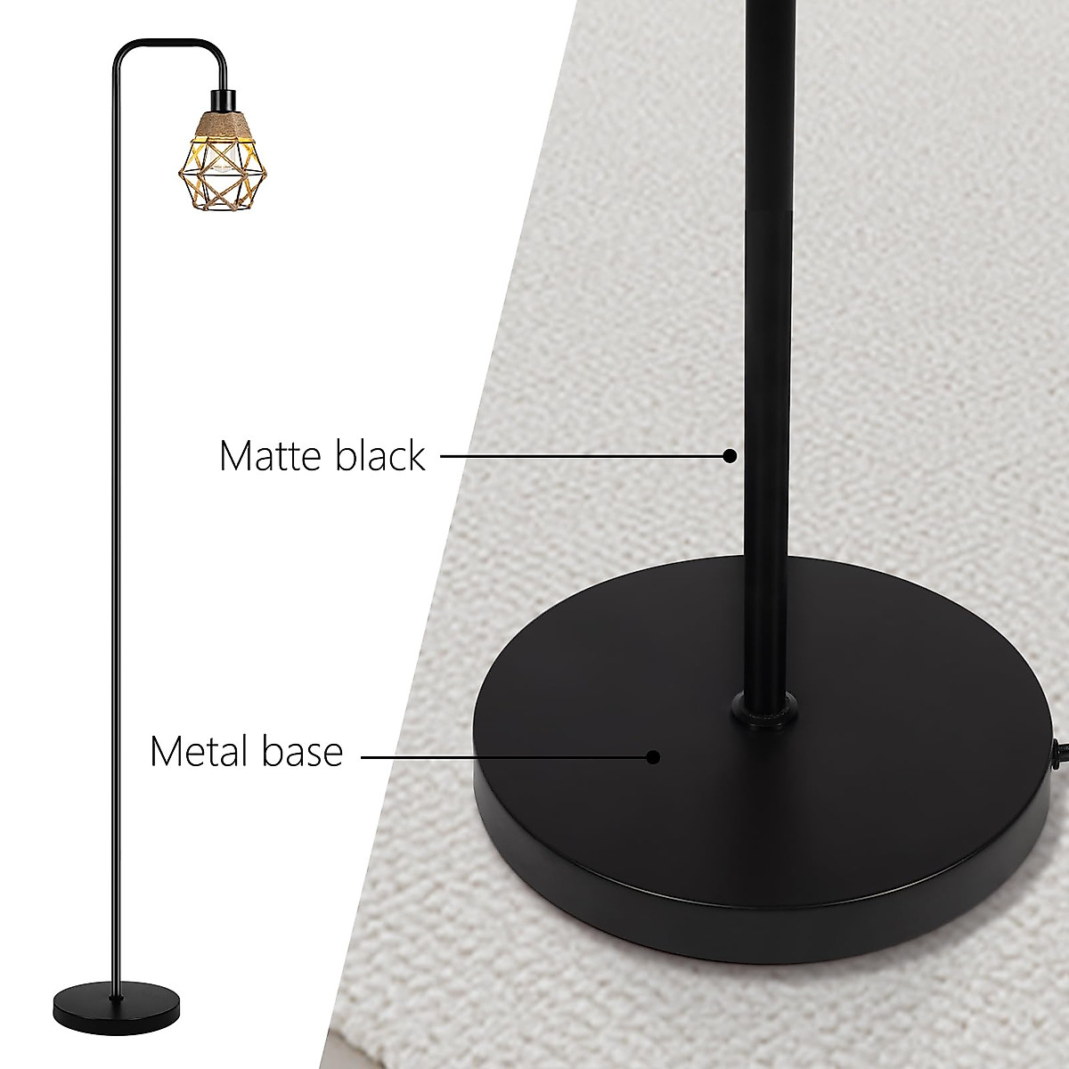 Floor Lamp, Standing Lamp with 9w Led Bulb, ETL Certified E26 Socket, Hemp Rope Design for Decorative Lighting, Modern Tall Lamp for Bedroom, Kids Room, Reading, Dorm