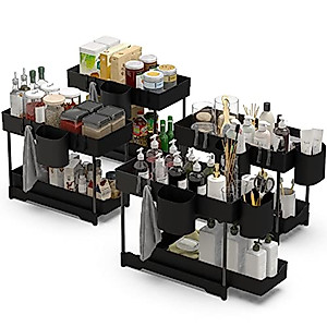 4 Pack 2-Tier Under Sink Organizer with Sliding Storage Drawer, Multi-Purpose Under Sliding Cabinet Shelf Basket Collection Organizer Drawer for Bathroom Kitchen with Hanging 8 Cup and 16 Hooks