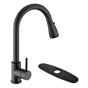 Sink Faucet, Black Kitchen Faucet with Pull Down Sprayer VFAUOSIT Commercial Stainless Steel Laundry Single Handle Pull Out Kitchen Faucets with Deck Plate, with Matte Black Deck Plate
