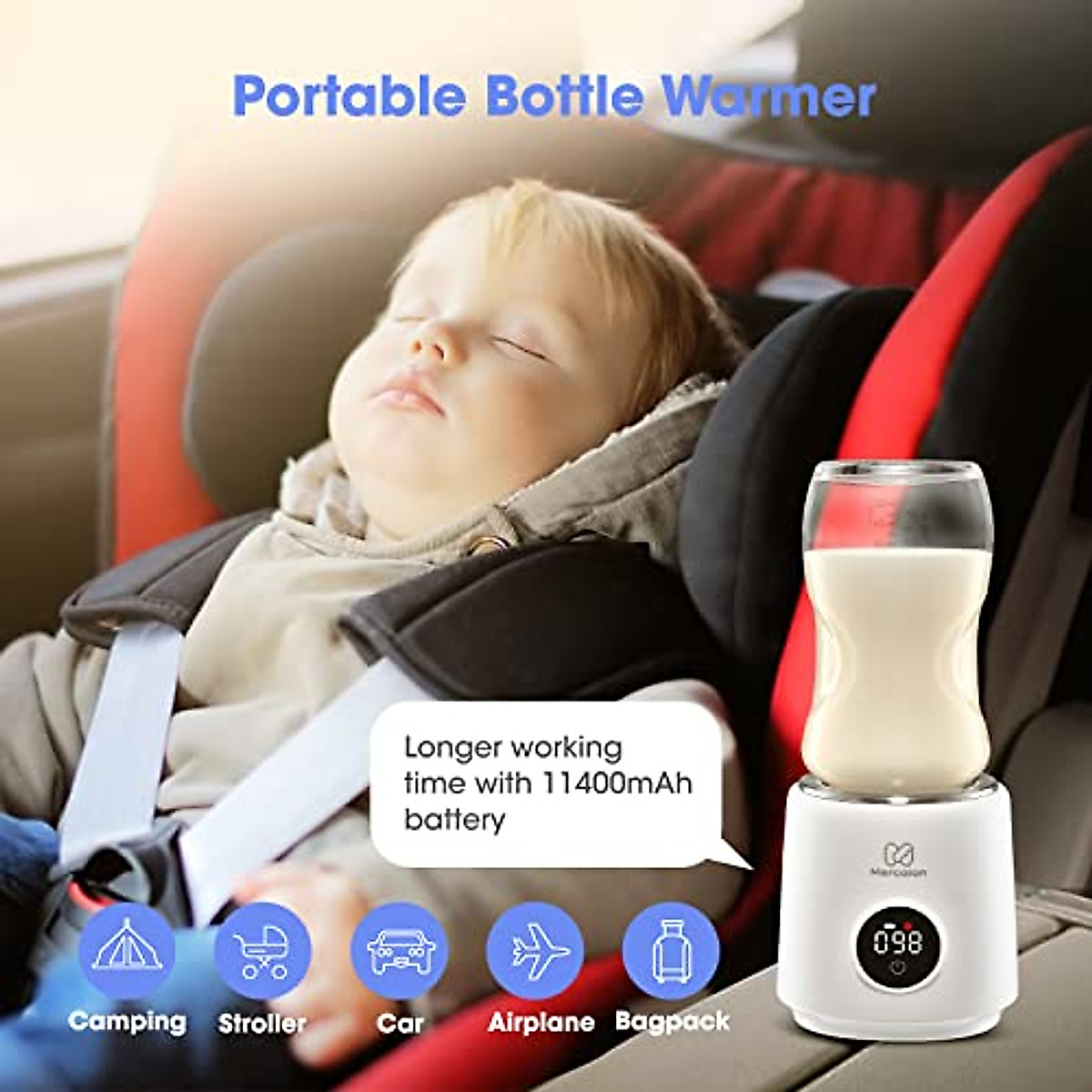 Bottle Warmer, Portable Bottle Warmer for Travel with 5 Adapters, Mercalon Upgraded Rechargeable Baby Milk Warmer, Fast Heat Warmer with Digital Display for Formula & Breastmilk (Bottle Warmer)