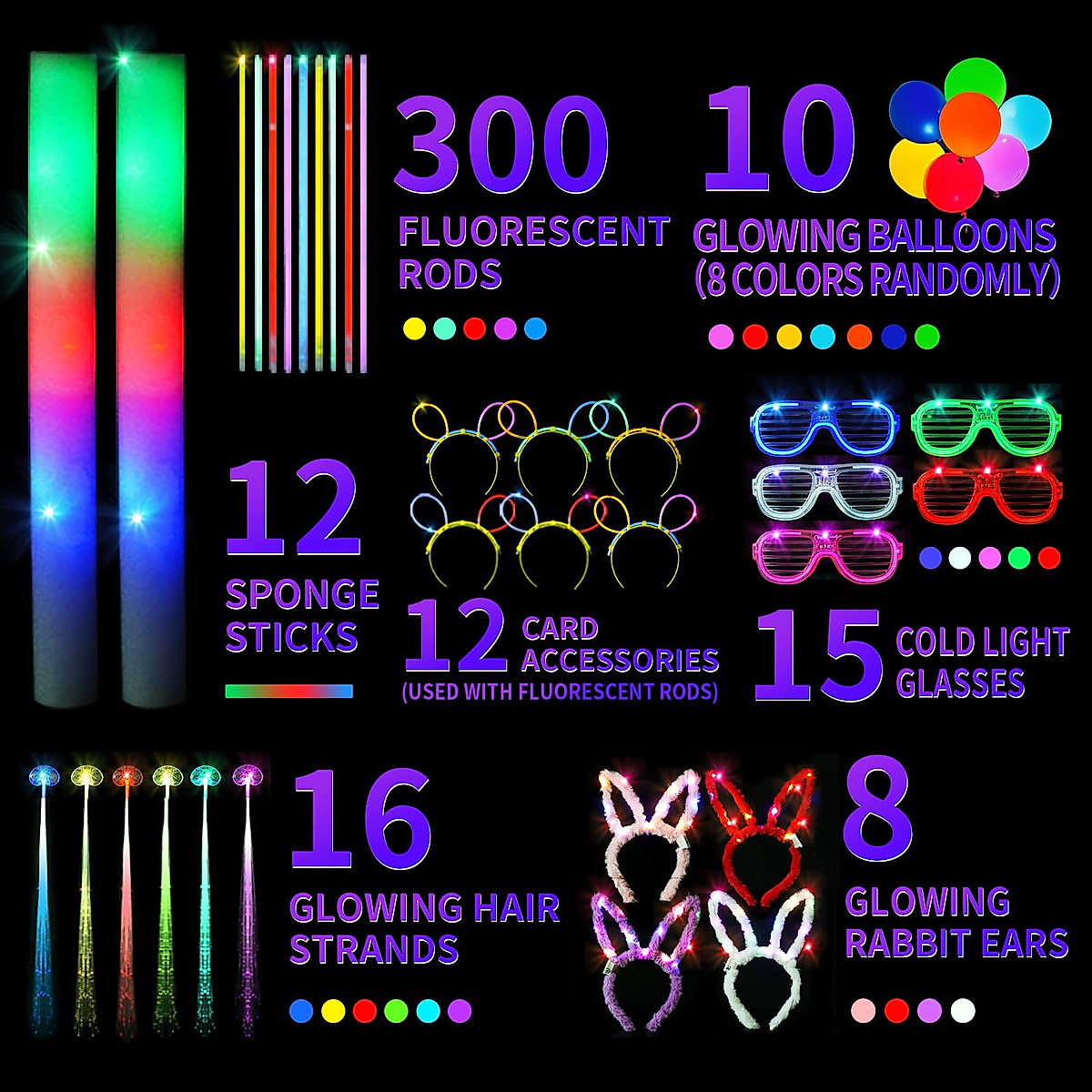 373 Pcs Glow in the dark party supplies For Adults Kids Glow Sticks neon party decorations with 10 LED Glasses 10 LED Cat & Rabbit Ear Headband 30 LED Bracelets & finger lights for Christmas Halloween