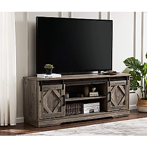 WAMPAT Farmhouse Sliding Barn Door TV Stand and Coffee Table Set of 2,Modern Storage Entertainment Center for TVs Up to 65'', Square Wood Center Table with Gas Struts Lift-Top for Living Room,Grey