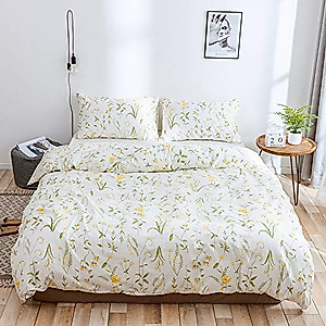 Lurson White Botanical Floral Duvet Cover Set Full Queen Size 100 Organic Cotton Boho Floral Bedding Set Yellow Green Flower Printed Reversible Comforter Quilt Cover Zipper Closure 3 Pieces (HH,Q)
