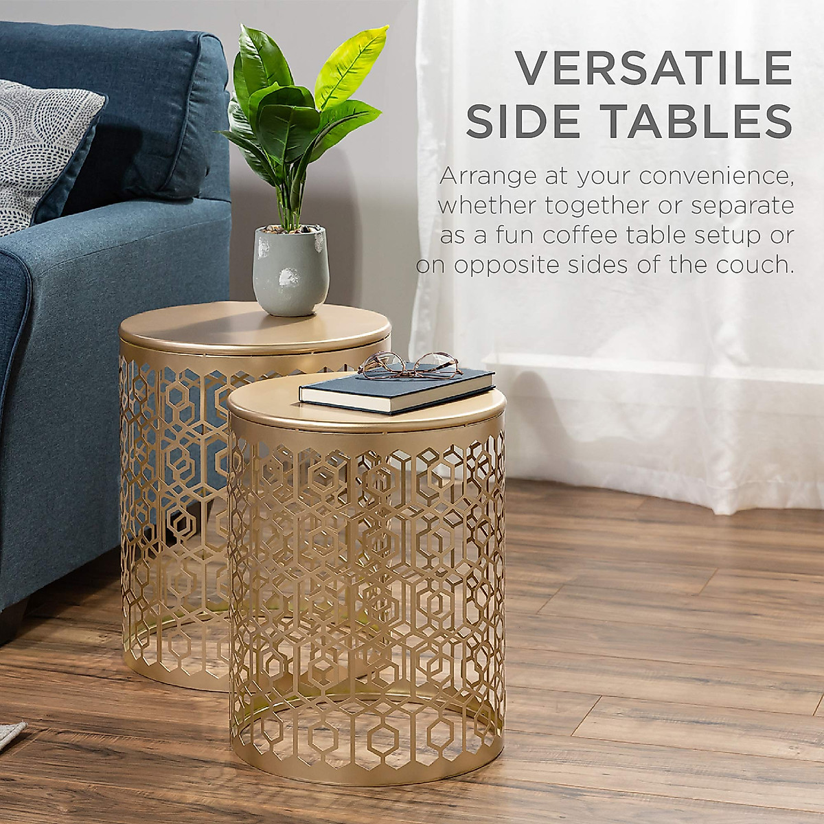 Best Choice Products Metal Accent Table, Set of 2 Decorative Round End Tables Nightstands, Coffee Side Tables for Living Room Bedroom Office, Nesting - Gold