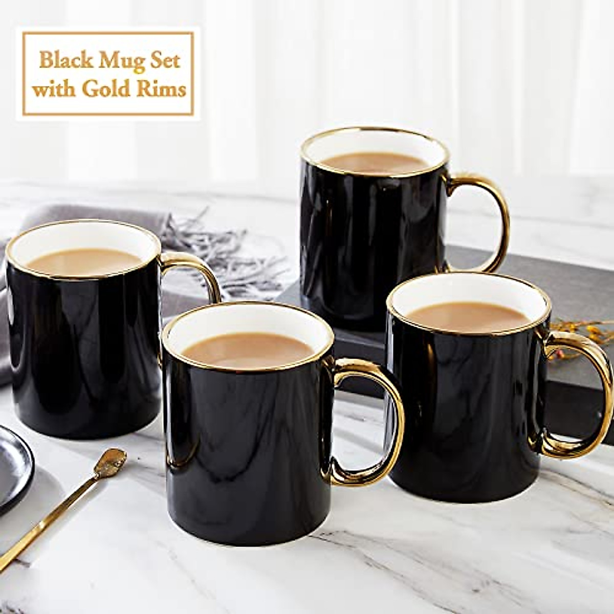 DUJUST Black Coffee Mug Set of 4(16oz), Modern & Stylish Design with Handcrafted Golden Trims, Black and Gold Cup Set for Coffee, Tea & Milk, Beautiful & Graceful Top Fine Porcelain Cups