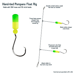 3 Pack '1/0' Pompano Rig Surf Fishing Hi-Lo Double Drop Hand-Tied 30LB Mono (Chartreuse/Green)