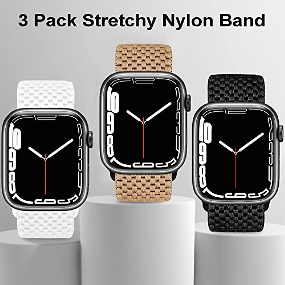3 Pack Stretchy Nylon Band Compatible with Apple Watch Band 38mm 40mm 41mm for Women Men, Adjustable Sport Solo Loop Elastic Strap for iWatch Series 7/6/5/4/3/2/1/SE, Black/White/Brown