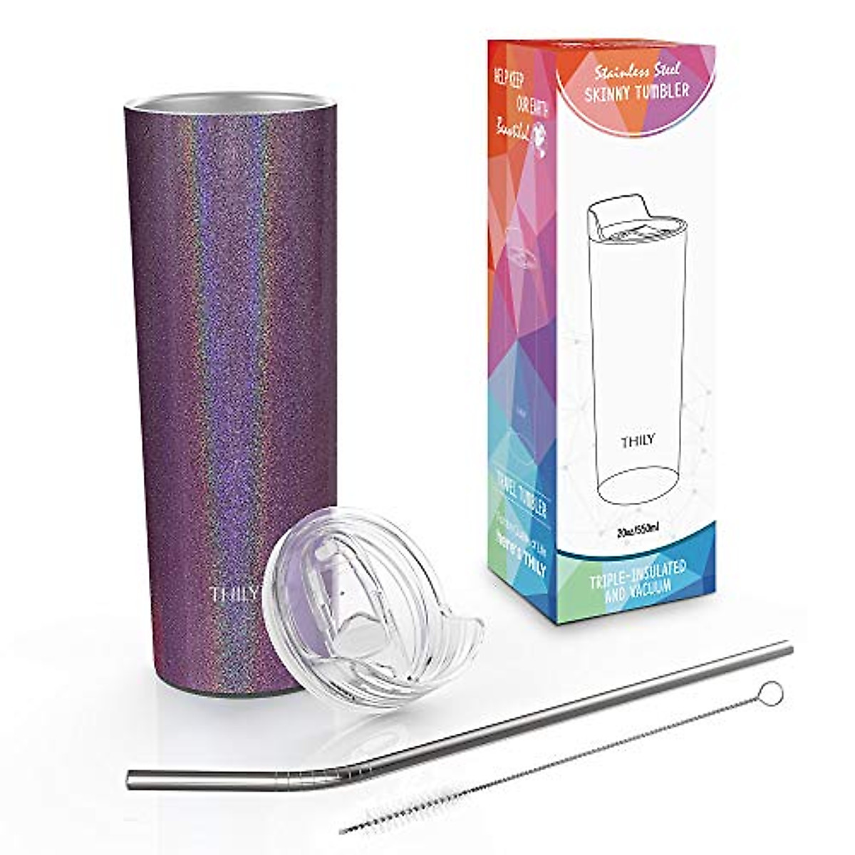 THILY Stainless Steel Insulated Skinny Tumbler 22 oz Travel Cup with Lid and Straw, Portable, Reusable, for Ice Coffee, Beer, Gifts for Women & Girl, Glitter Red-Brown