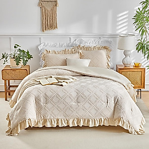 Tufted Ruffle Comforter Set Twin Size, 3 Pieces Beige Ruffled Farmhouse Comforters, Luxury Solid Color Soft and Embroidery Shabby Chic Boho Bohemian Bedding Set for Kids(1 Comforter + 2 Pillowcases)