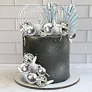 Disco Balls Cake Toppers Mirror Balls with Boho Stars Cake Decorations for 70s 80s Disco Dance Party Saturday Night Fever Supplies (Silver)