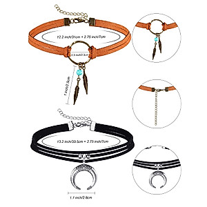 Hicarer 3 Pieces Suede Choker Necklaces American Indian Feather Handmade Necklaces Adjustable Leather Turquoise Choker Necklace Moon Crescent Pendant Choker for Women Accessories