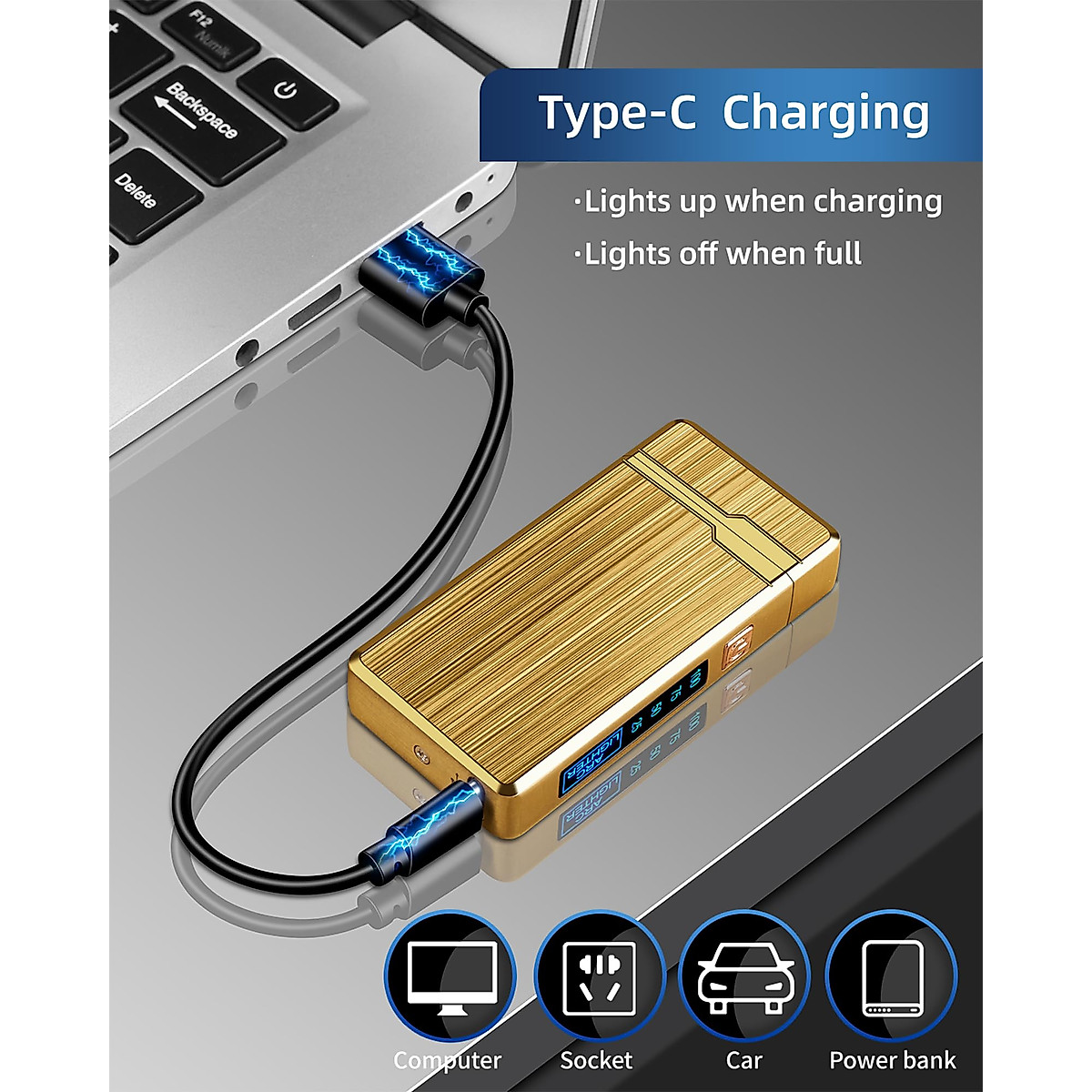 ULMCULM 2 PACK Electric Lighter,USB Rechargeable Lighter, Plasma Dual Arc Lighter, Windproof Flameless Lighter, Pocket Metal Lighter with LED Battery Indication for Indoor Outdoor (Black&Gold)