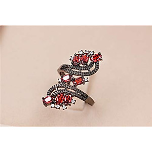 Uloveido Black Plated Wide Flower Ring with Red CZ Stones Created Ruby Diamond Unique Wedding Engagement Promise Jewelry (Red, Size 8) J656
