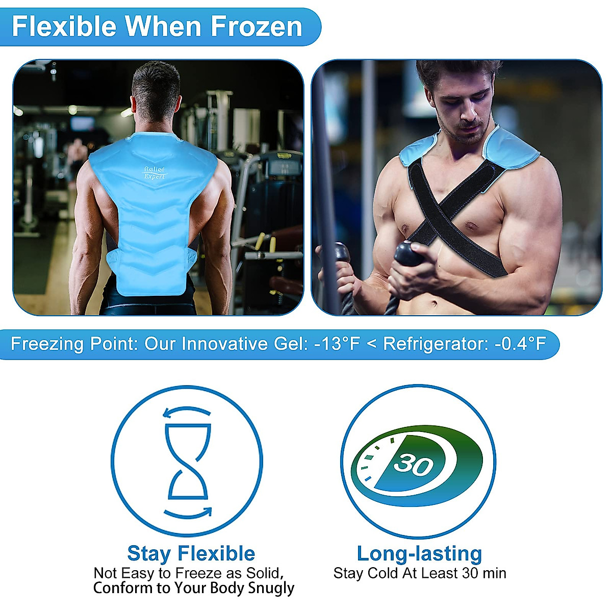 Relief Expert Large Ice Pack for Full Back and Shoulder with Straps, Reusable Gel Cold Pack with Cold Compress Therapy for Discomfort and Fatigue Relief, Post-Workout Recovery with Soft Plush Lining