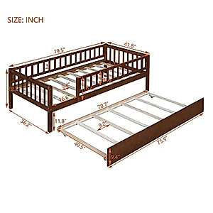 DEINPPA Twin Bed with Trundle, Kids Daybed Trundle Bed, Wooden Bed Frame with Fence Guardrails for Kids Children Toddlers Boys Girls-Walnut