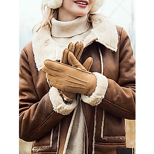 YISEVEN Women's Merino Rugged Sheepskin Shearling Leather Gloves Mittens Sherpa Fur Cuff Thick Wool Lined and Heated Warm for Winter Cold Weather Dress Driving Work New Year Gifts, Camel Medium