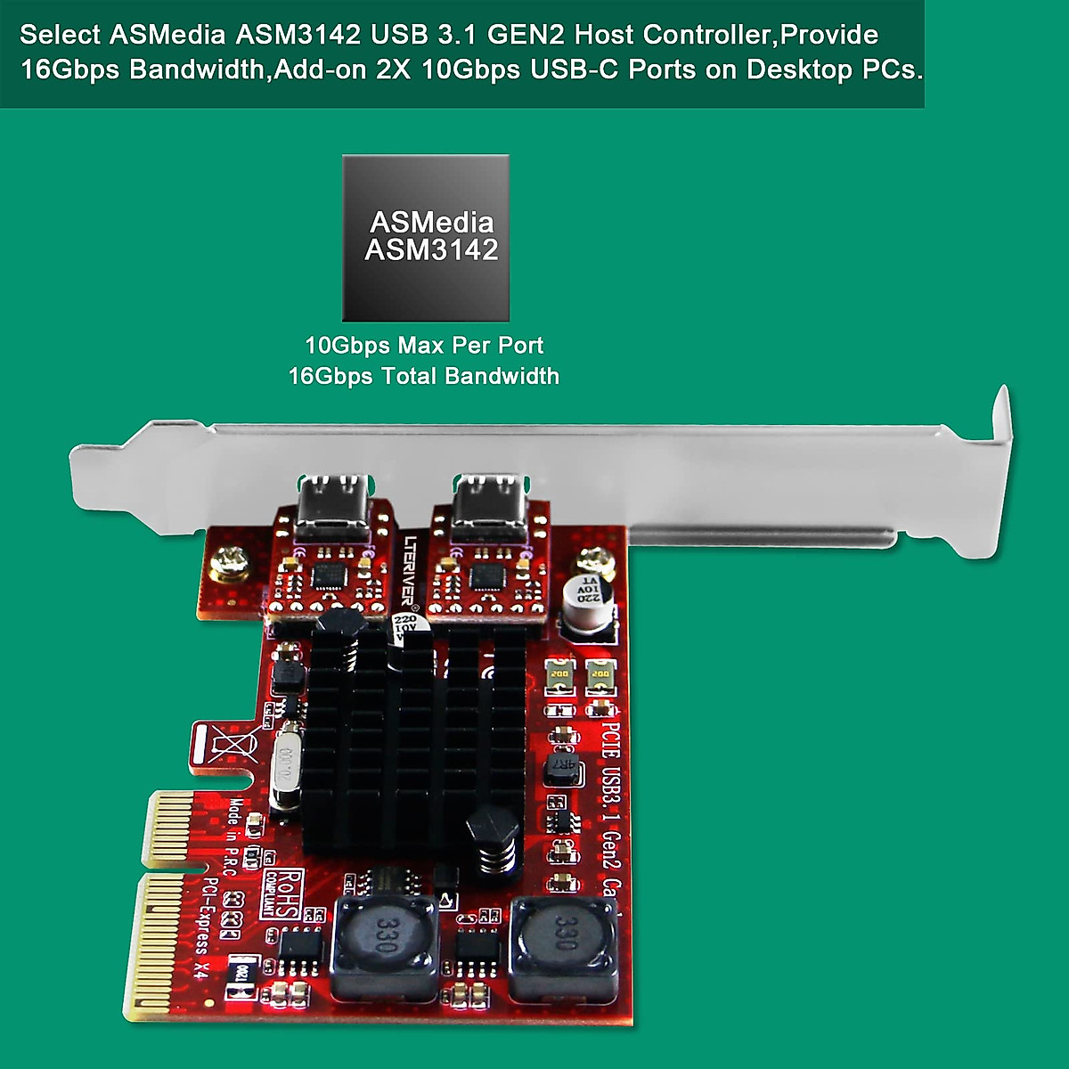 PCI Express to 2X USB 3.1 GEN2 Type C 10Gbps Ports Card for Windows 7, 8.1, 10, 11 (32/64) and MAC OS 10.9,10.10,10.12,10.13,10.14,10.15 PCs, Built in Smart Power Control Technology (PCE-U312C)