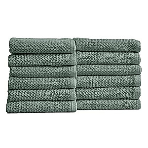 Great Bay Home 12-Pack 100% Cotton, Quick-Dry Textured Washcloths. Ultra-Absorbent, Popcorn Weave. Acacia Collection. (Wash 12pk, Eucalyptus)