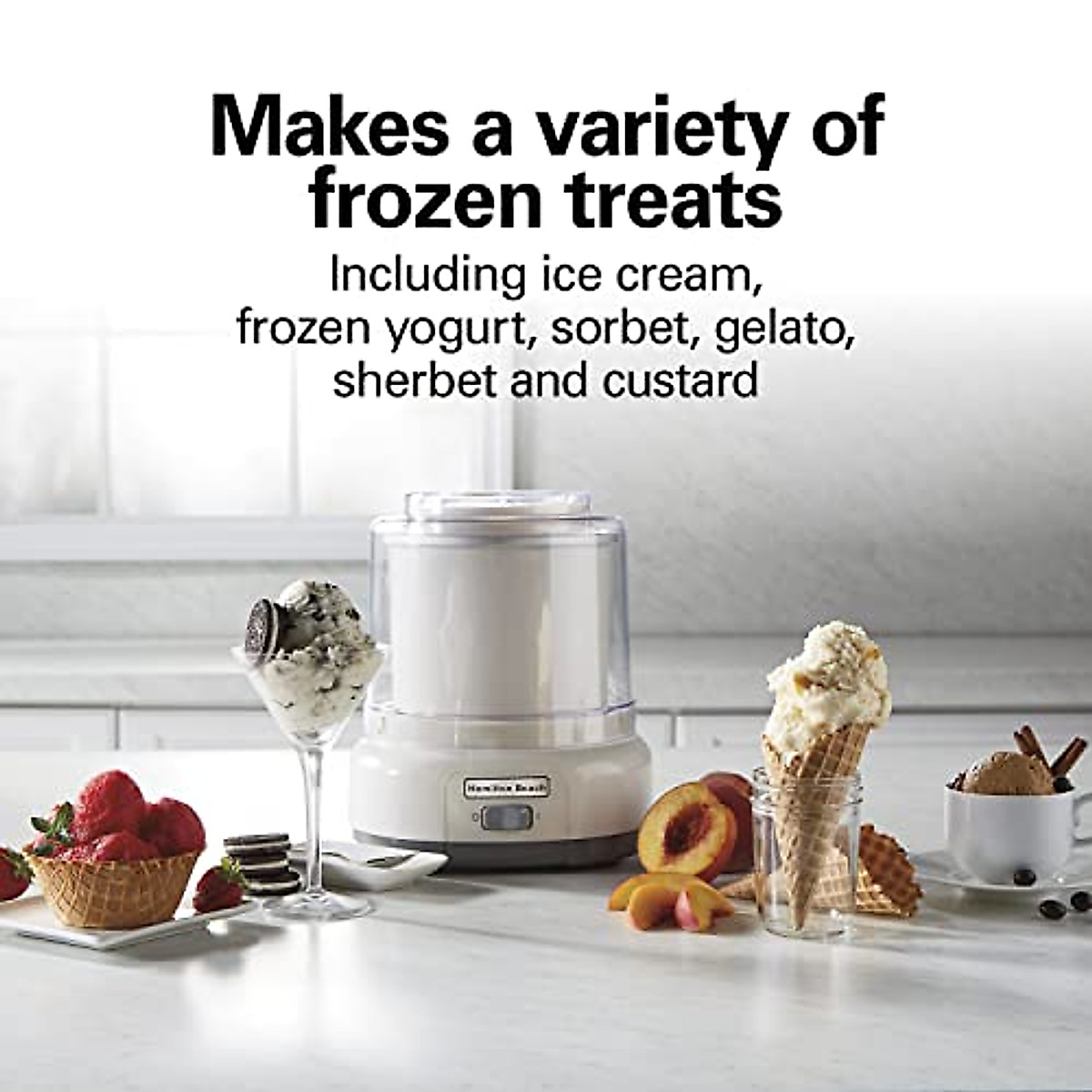 Hamilton Beach Electric Automatic Ice Cream Maker, Frozen Yogurt, Sorbet, Custard 1.5 Quart, White (68880)