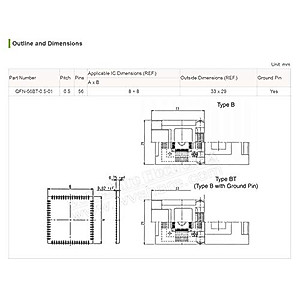 QFN56 Clamshell Programming Adapter Socket/Burning Socket/IC Test Socket QFN-56BT-0.5-01, 56-Pin, 0.5mm Pitch, IC Test Burn-in Socket, Applied to QFN56, MLP56, MLF56 Packages.