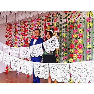 Mexican Party Decorations, 5 Pk White Papel Picado Banner Over 83 Feet long, For Wedding decorations, quinceañeras, birthdays, Mexican PAPER 50 Wedding Flags on string WS93