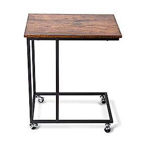 Zoyoleader C Shaped End Side Table, Vintage Sofa Couch Table with Wheel, Industrial Bedside Table with Metal Frame for Living Room, Bedroom, Rustic Brown (C Shape)
