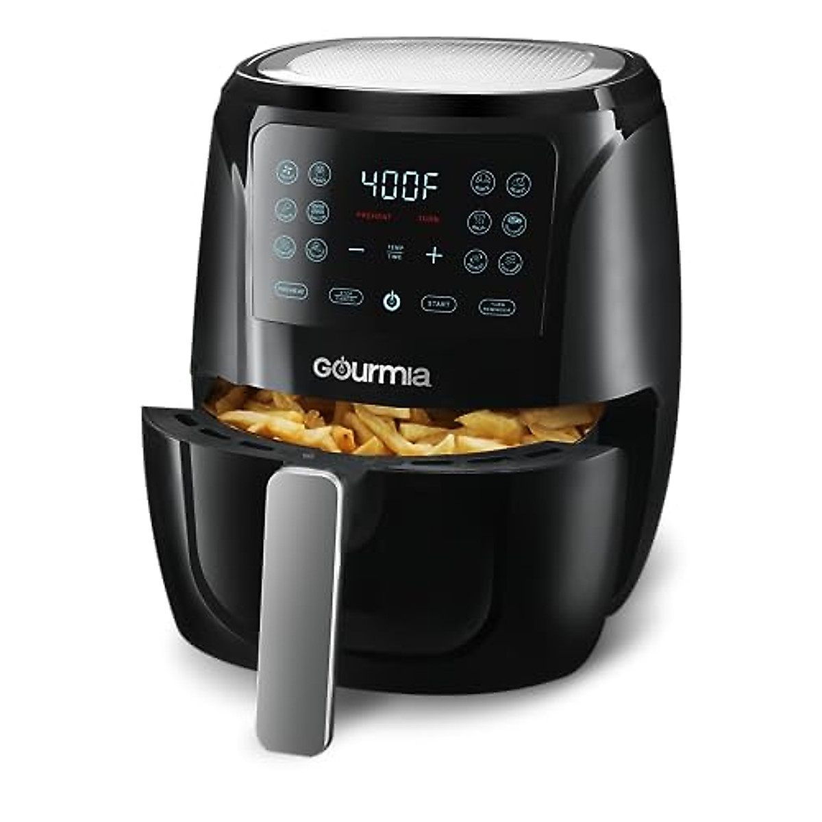Gourmia Air Fryer Oven Digital Display 4 Quart Large AirFryer Cooker 12 1-Touch Cooking Presets, Black and Stainless Steel Accents Fry Force GAF486