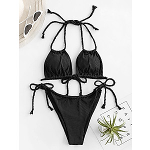 ZAFUL Triangle Bikini for Women 2 Piece Halter Bikini Sets Sexy High Cut Bathing Suit Side Tie Swimsuits Black Multiway S