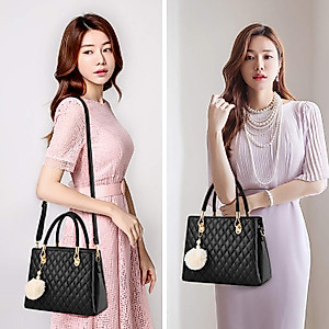 Womens Leather Handbag Purses Top Handle Quilted Shoulder Bag Totes Satchel for Ladies with Pompon