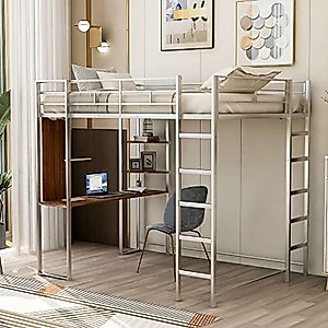 Harper & Bright Designs Full Size Loft Bed with Desk, Heavy Duty Metal Loft Bed Full with Shelves, Full Loft Bed Frame for Kids,Teens, No Box Spring Needed,Silver