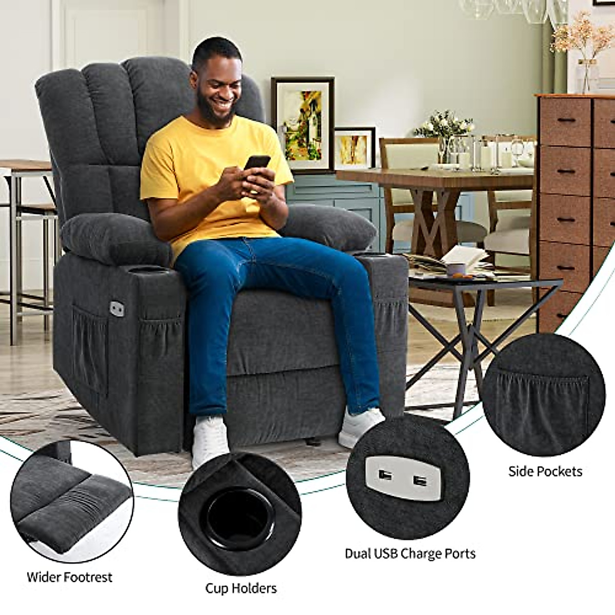 YITAHOME Glider Rocker Recliner Chair with Massage and Heat, Fabric Recliner Chair, Manual Rocking Recliner Chair with 2 Cup Holders, USB Charge Port and Side Pocket,Grey