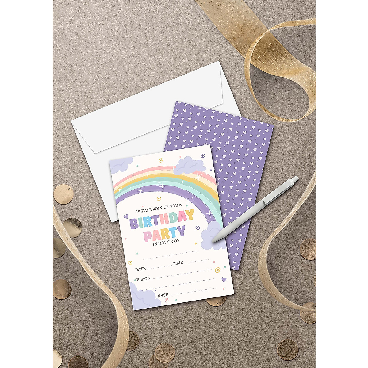 Rainbow Birthday Party Invitations - Rainbow Party Supplies - Fill in The Blank Birthday Party Invites - 20 Invitation Cards With 20 Envelopes (003A)