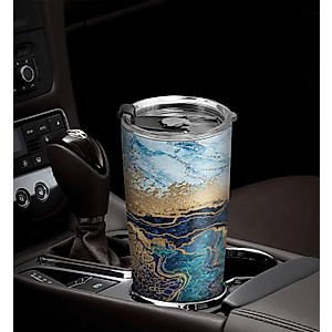 64HYDRO 20oz Coffee Thermos for Women, Inspirational Birthday Gifts for Her, Gifts for Mom Daughter Sister Friends, Abstract Gold Blue Ocean Marble Tumbler Cup, Insulated Travel Coffee Mug with Lid