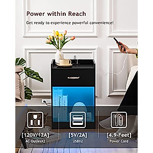 WEENFON Nightstand with Charging Station and LED Lights, Nightstands with USB Ports & Outlets, Small Night Stands for Bedroom, Black
