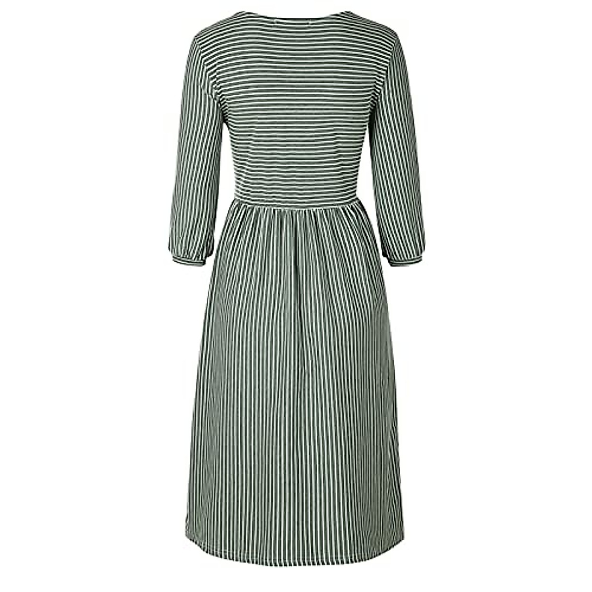 MEROKEETY Women's Short Sleeve Striped High Waist T Shirt Midi Dress with Pockets, Olive, Medium