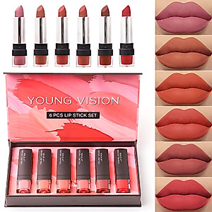 YOUNG VISION Classic Colors Lipstick, Lip Stick Bundles Gift Box Set, Matte Nude Finish, Retractable, 6 Packs