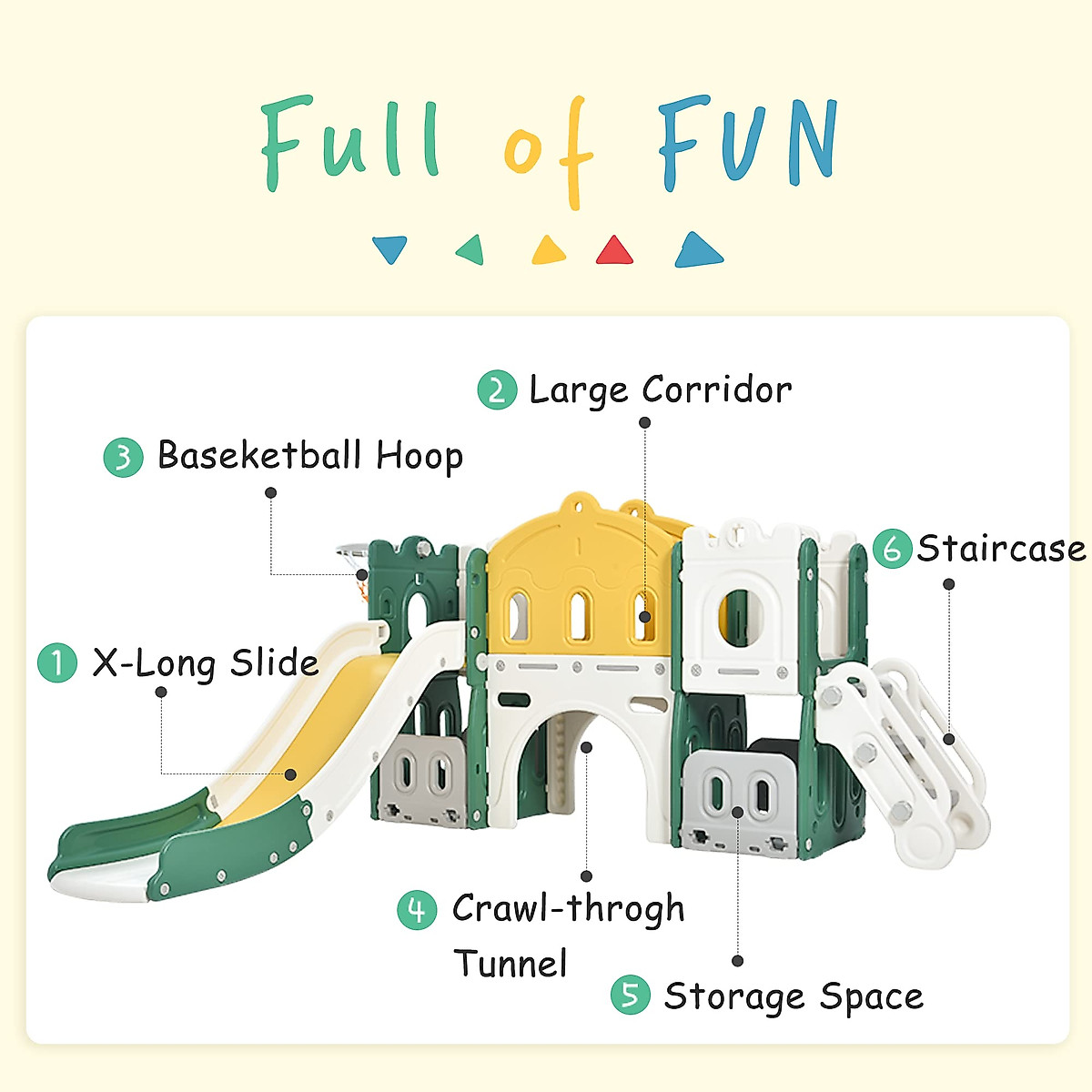 Merax 6-in-1 Kids Slide with Climber, Basketball Hoop, Tunnel and Storage Space, Outdoor Indoor Slide Playset for Toddlers Age 1+