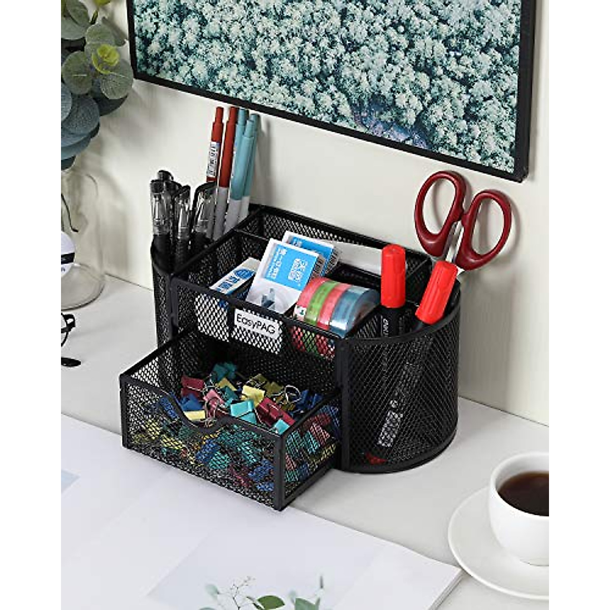 EasyPAG Desk Organizer Mesh Desktop Office Supplies Multi-functional Caddy Pen Holder Stationery with 8 Compartments and 1 Drawer,Black