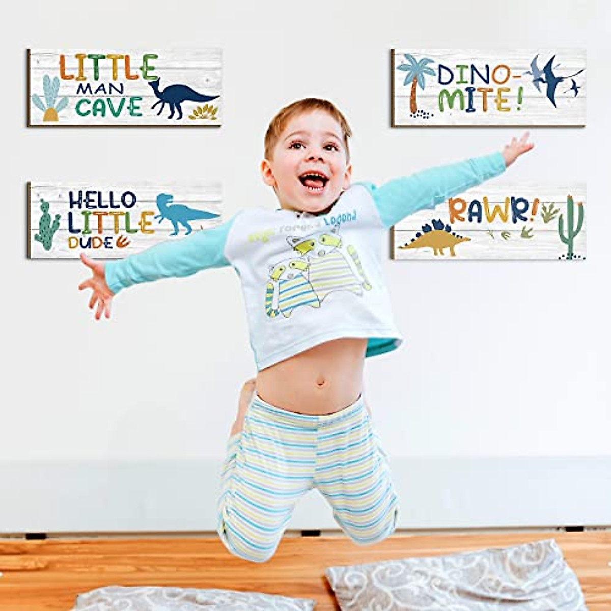 4 Pcs Dinosaur Room Bedroom Decor Boys Dinosaur Wall Decor, Motivational Quote Wood Dinosaur Decorations Hanging Sign Prints Plaques for Boy Kids Nursery Playroom (Simple Style)