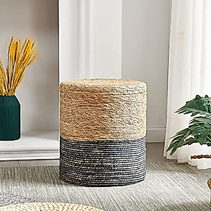 Wimarsbon Natural Seagrass Foot Stool, Hand Weaving Round Ottoman, Poof Pouffe Accent Chair, for Living Room, Bedroom, Nursery, kidsroom, Patio, Gym, Outdoor Seat - Natural & Blue