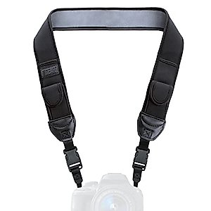 USA Gear TrueSHOT Neck Strap Neoprene Camera Straps - Padded Camera Strap, Pockets, and Quick Release Buckles - Compatible with Canon, Nikon, Sony and More DSLR and Mirrorless Cameras (Black)