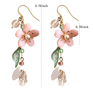 LAKIYOYO Pink Flower Dangle Earrings for Women Cute Pearl Leaf Sakura Leaf Earrings Fairy Statement Summer Refreshing Seaside Idyllic Holiday Earrings
