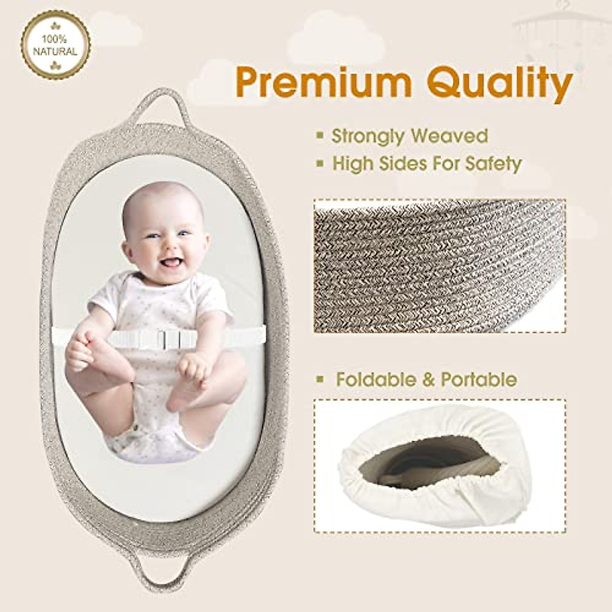 Baby Changing Basket - Thick Foam Pad with Wipeable Water-Resistant Pad Cover, Security Strap, Moses Basket Changing Table Topper Changing Pad