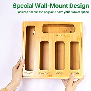 NIKUY Bag Storage Organizer for Kitchen Drawer, Bamboo Baggie Organizer, Compatible with Ziploc, Solimo, Glad, Hefty for Gallon, Quart, Sandwich and Snack Variety Size Bag (1 Box 5 Slots)