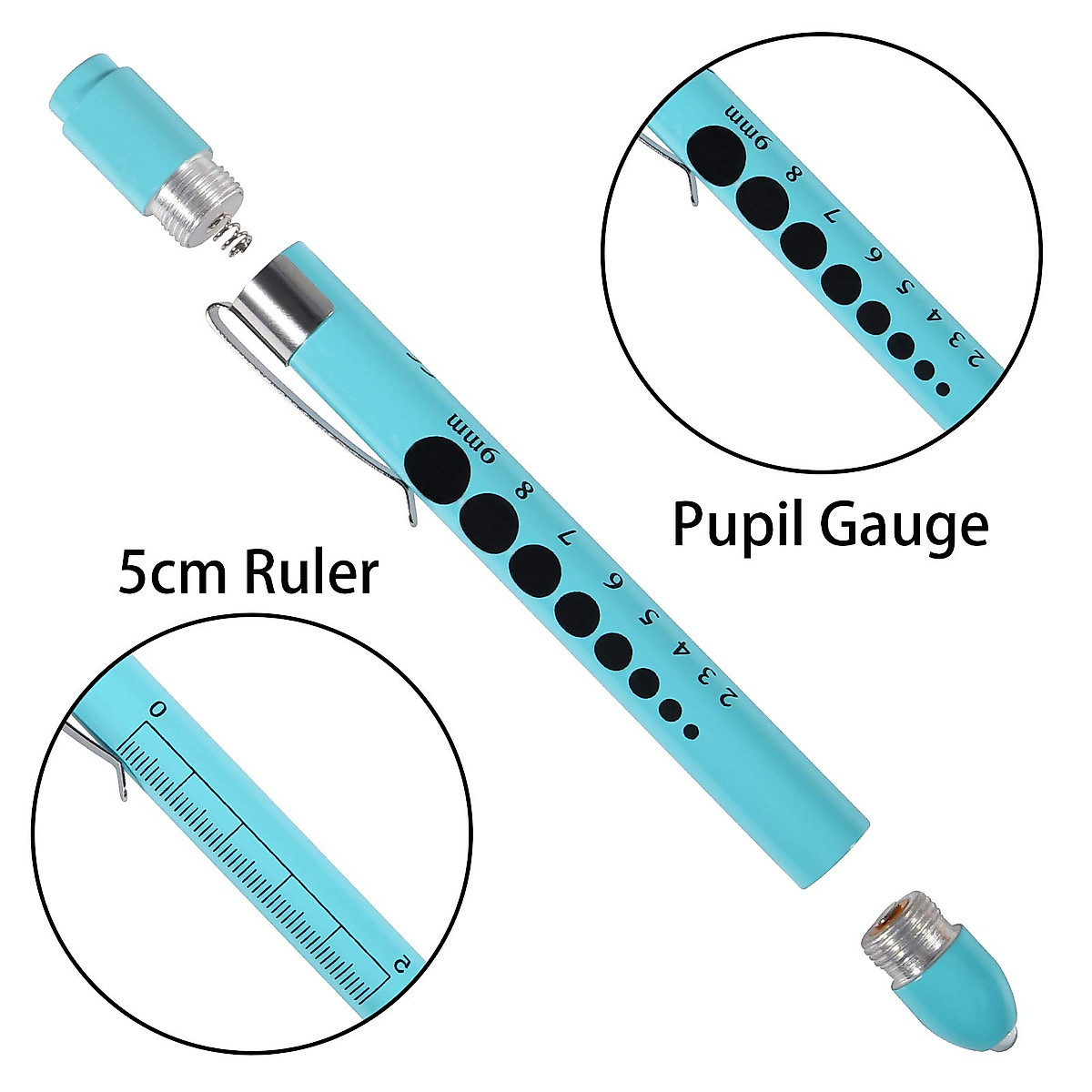 Aokin Medical Pen Light for Nurse Doctor, Reusable LED Medical Penlight Flashlight with Pupil Gauge and Ruler, White Light, Sky Blue
