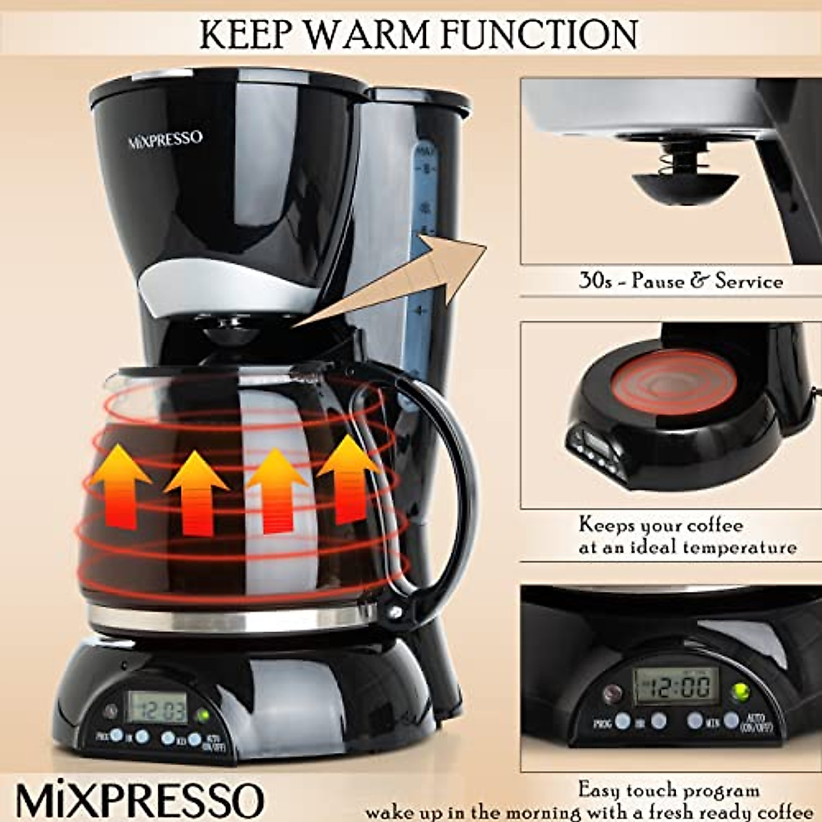 Mixpresso 8-Cup Drip Coffee Maker Programmable, Coffee Pot Machine Including Reusable And Removable Coffee Filter, Black Electric Coffee Maker