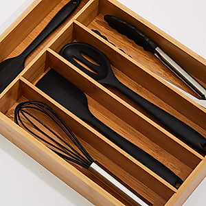 Ohwin Bamboo Drawer Organizers Kitchen Silverware Organizer with 5 Compartments, Flatware Drawer Organizer Tray - Bamboo Hardware Organizer Cutlery and Utensil Tray, Perfect for the Kitchen, Bathroom