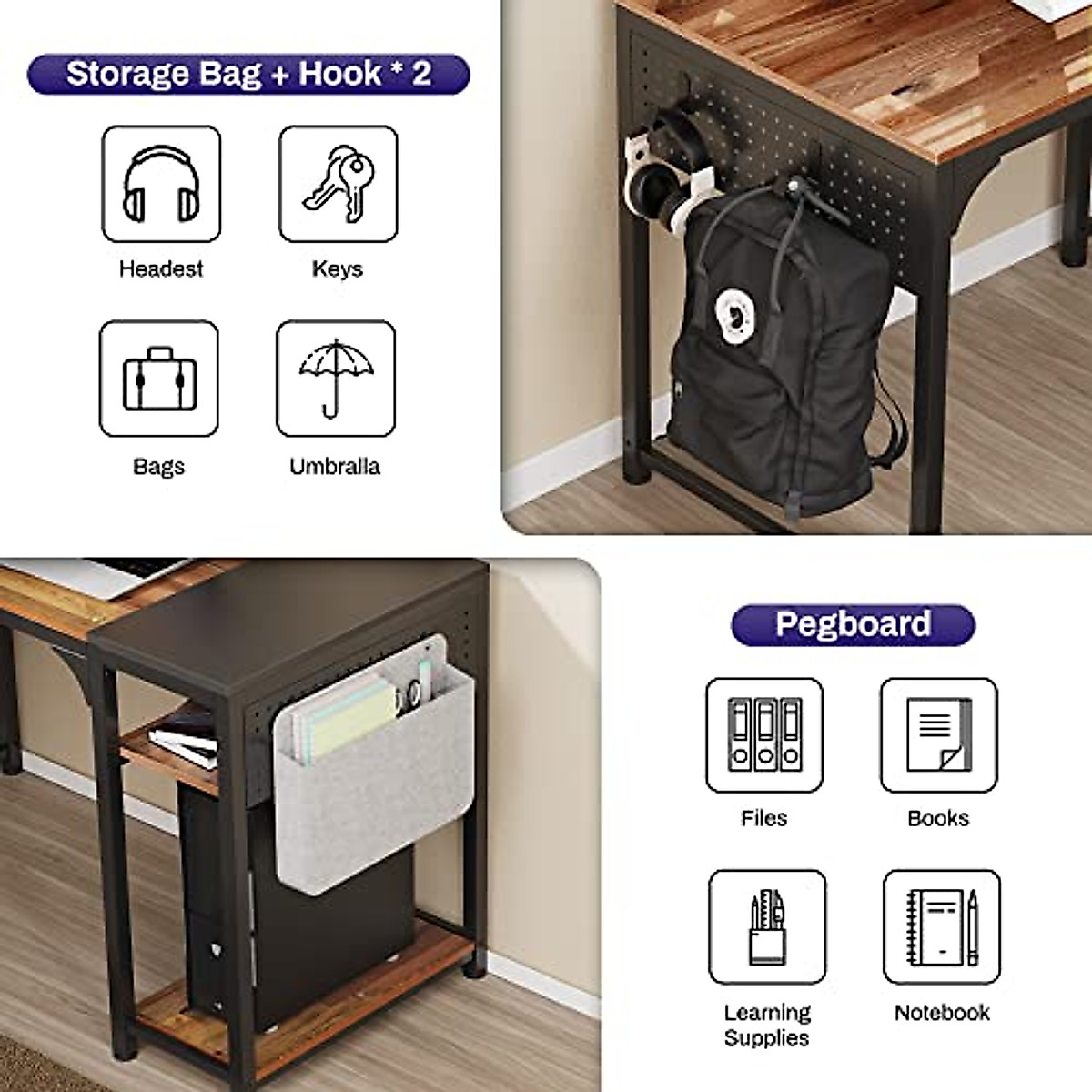 It's_Organized Reversible L Shaped Desk with Monitor Stand,58x47 inch Corner Desk,Study Writing Computer Table with Storage Shelves for Home Office,Rustic Brown/Black